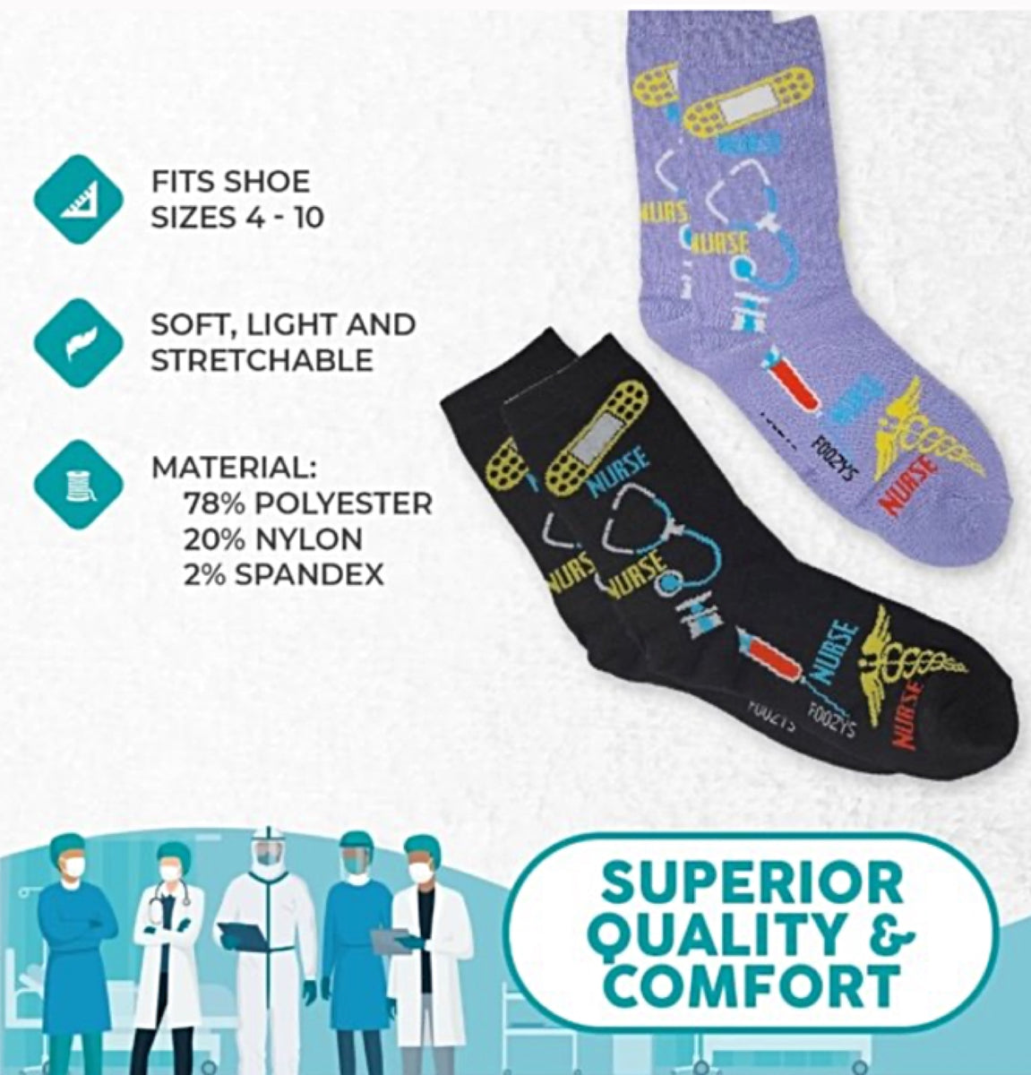 NURSE LADIES 2 Pair OF Socks With STETHOSCOPE, BAND-AIDS FOOZYS BRAND ...