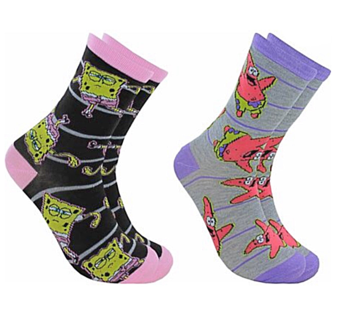 SPONGEBOB SQUAREPANTS LADIES 2 PAIR Of CREW Of SOCKS WITH PATRICK